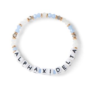 sorority shop alpha xi delta bracelet — glass bead bracelet with axd name beads and 18k gold accent beads, greek sorority jewelry for big little sorority gifts