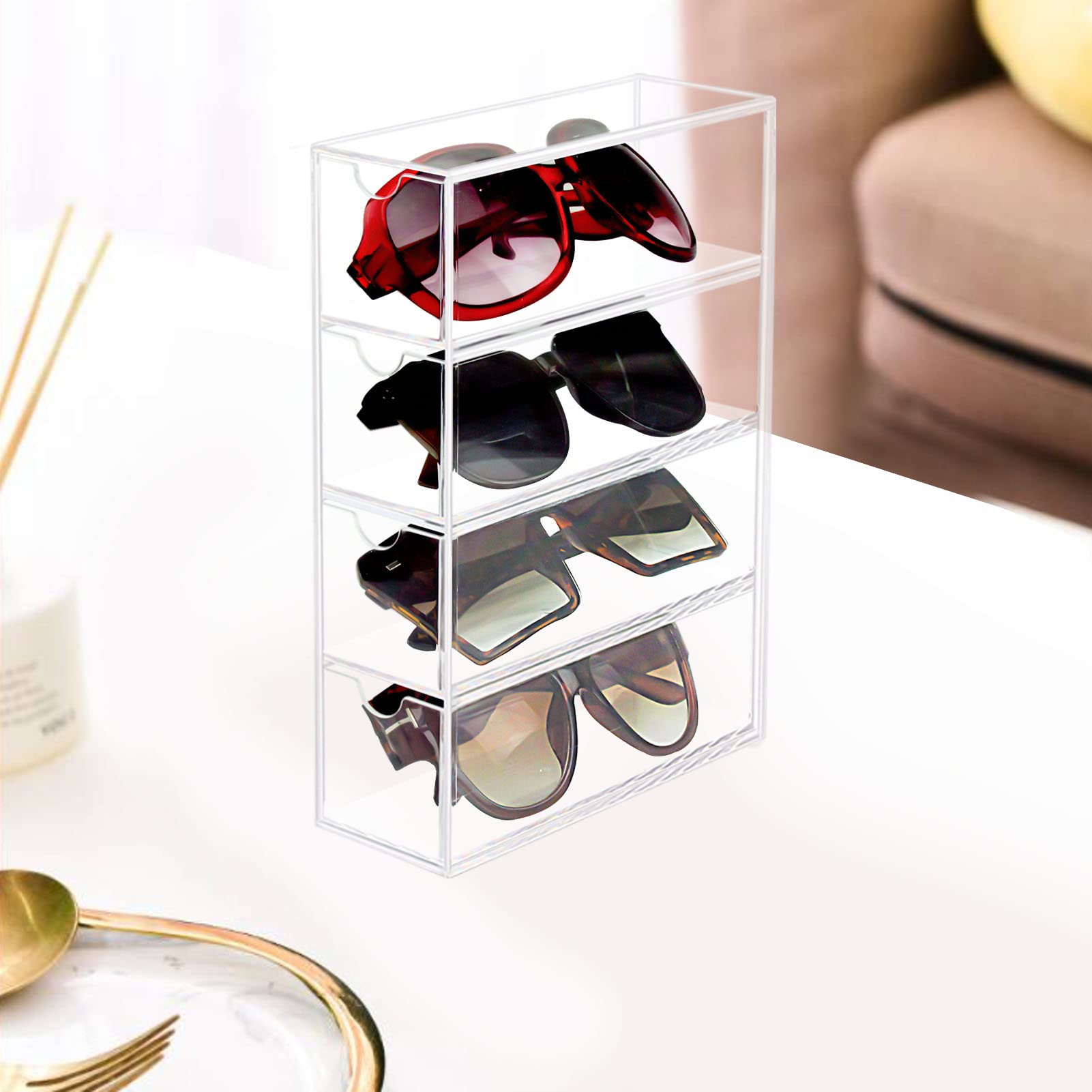 Tasybox Sunglasses Organizer, Acrylic Eyeglass Case Clear Eyeglass Holder Eyewear Display Case with 4 Drawers for Women and Men