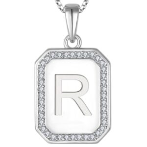 YL Initial Necklace for Women 925 Sterling Silver Rectangle Pendant Halo Polished R Letter Jewelry