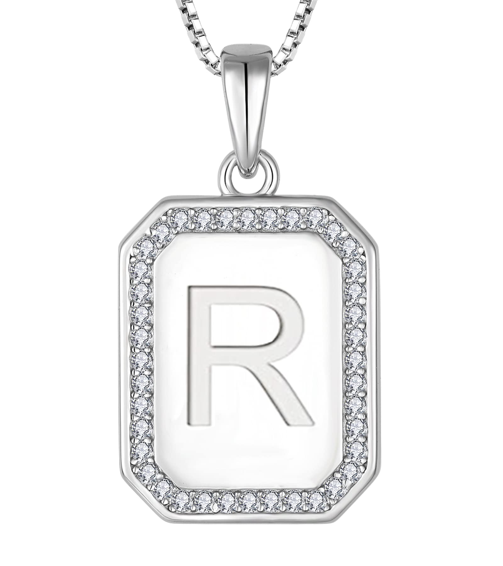 YL Initial Necklace for Women 925 Sterling Silver Rectangle Pendant Halo Polished R Letter Jewelry