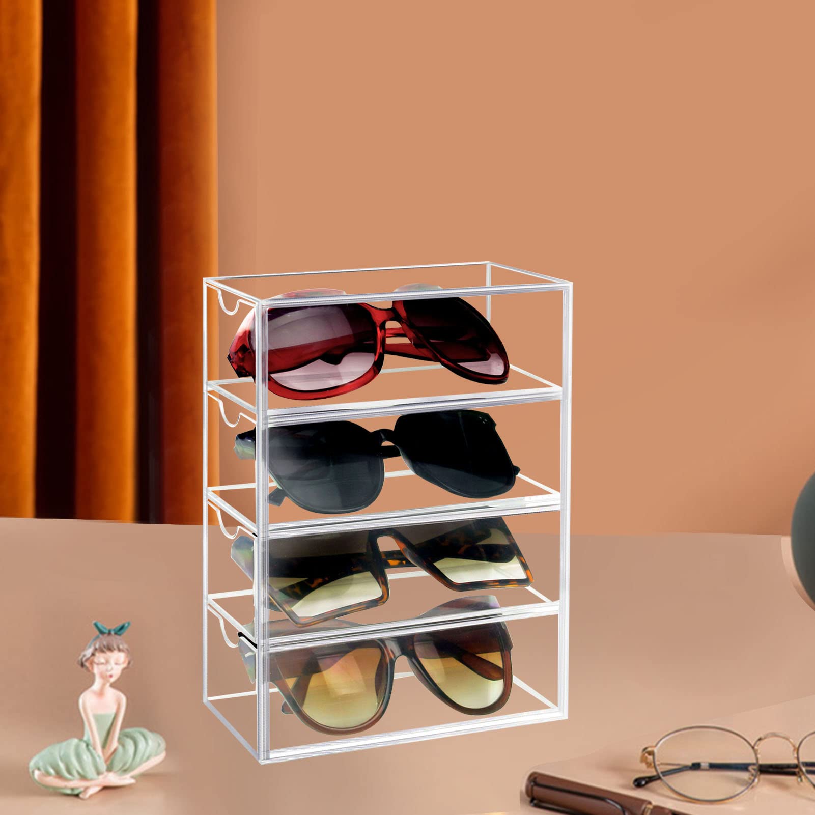 Tasybox Sunglasses Organizer, Acrylic Eyeglass Case Clear Eyeglass Holder Eyewear Display Case with 4 Drawers for Women and Men