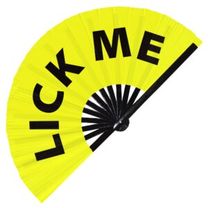 lick me hand fan foldable bamboo circuit hand fan funny gag curse words expressions statement gifts festival accessories rave handheld circuit event fan clack fans (yellow)