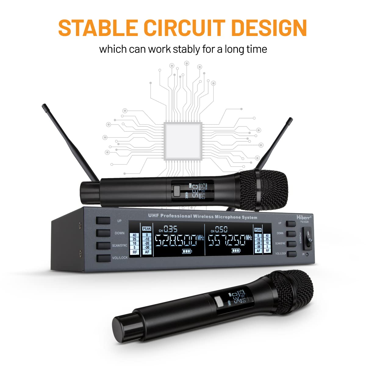 Hiberr Vocal Wireless Microphone, Dual Channel UHF Wireless Mic 2x60 Adjustable Frequencies, Microphone Wireless Distance 300Ft Range, for Singing, Small Concerts, DJ Performances(YU-E20) (YU-E20HL)