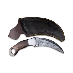 morf steelware damascus karambit knife, handmade damascus steel bowie knife, 9 inch karambit skinning knife with leather sheath, hunting, camping & outdoor knife - rose wood handle