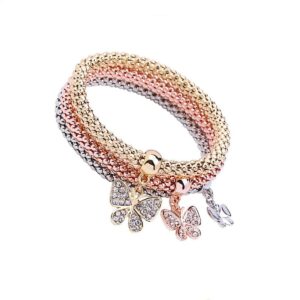 corn chain bracelet, crystal multilayer charms stretch bracelet, butterfly bracelet, 3pcs gold/silver/rose gold corn chain bracelet for women