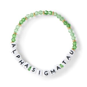 sorority shop alpha sigma tau bracelet — glass bead bracelet with ast name beads and 18k gold accent beads, greek sorority jewelry for big little sorority gifts