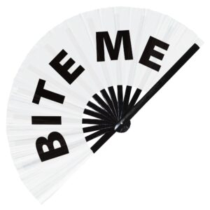 bite me hand fan foldable bamboo circuit hand fan funny gag curse words expressions statement gifts festival accessories rave handheld circuit event fan clack fans (white)