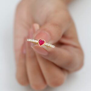 Rosec Jewels Certified Lab Grown Ruby 6mm Heart Shaped Engagement Ring, AAAA Quality, Ruby Diamond Heart Ring (Ready to Gift), 14K Yellow Gold, Size:US 7.00