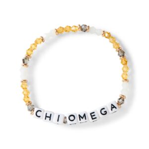 sorority shop chi omega bracelet — glass bead bracelet with co name beads and 18k gold accent beads, greek sorority jewelry for big little sorority gifts