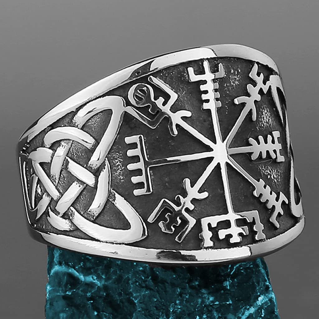 Jude Jewelers Retro Vintage Stainless Steel Viking Vegvisir Pirate Compass Nordic Norse Symble Cocktail Party Biker Rings (Silver, 13)