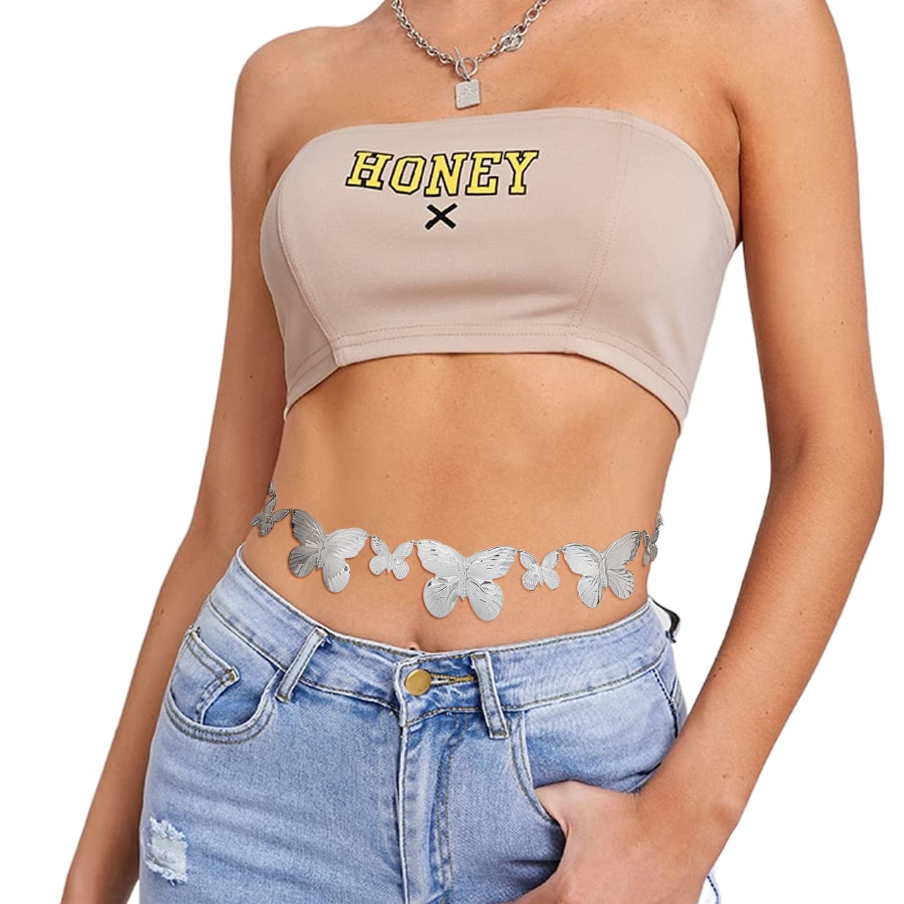 Formery Sexy Crystal Body Chain Shiny Rhinestone Butterflies Waist Chain Beach Daily Party Belly Chains Accessories for Women