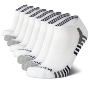 nautica men's low cut socks - 8 pack comfort cushioned athletic ankle socks for men - casual men's sports socks, size 6-12.5, white stripe