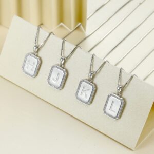 YL Initial Necklace for Women 925 Sterling Silver Rectangle Pendant Halo Polished R Letter Jewelry