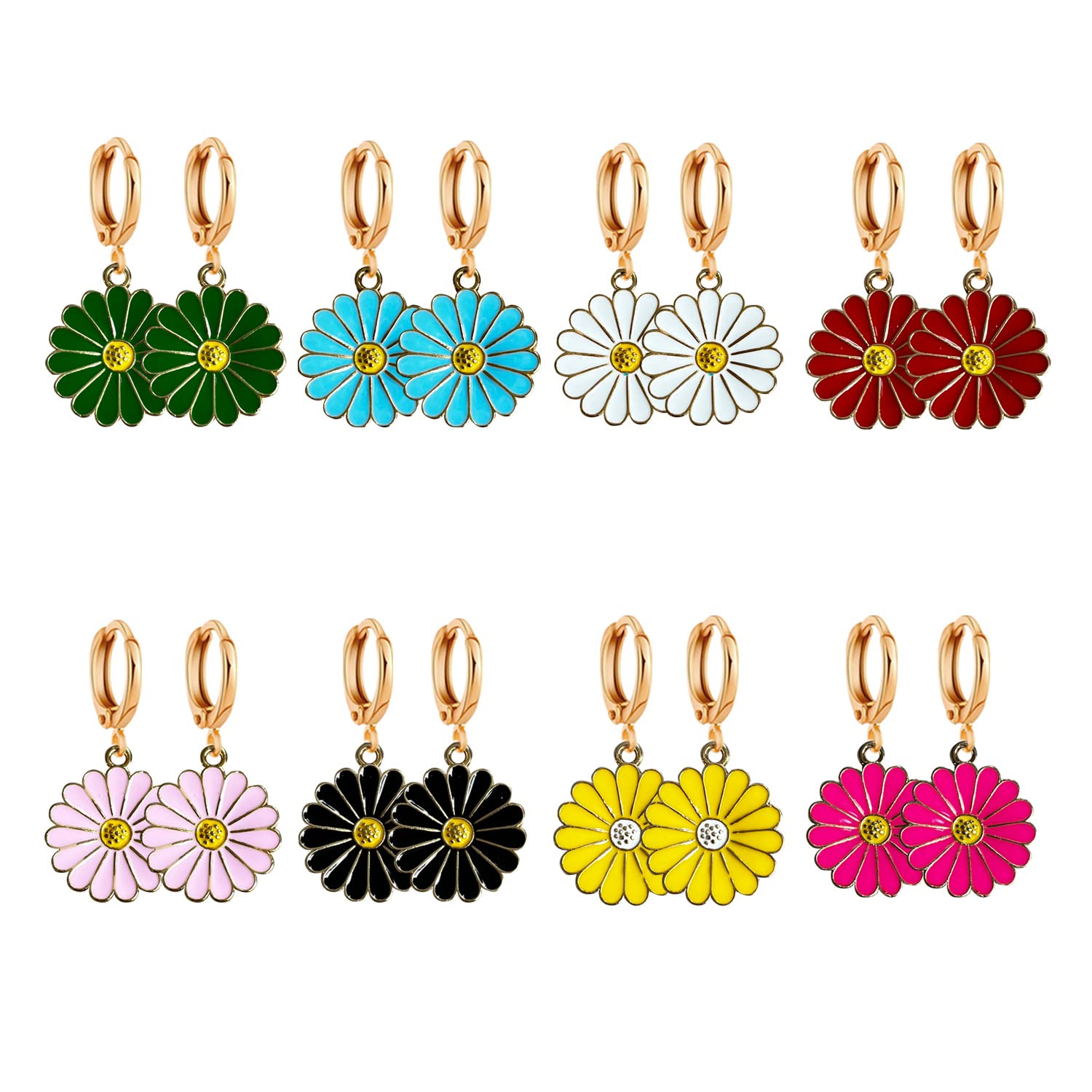 Just Follow 8 Pairs Huggie Hoop Earrings Small Gold Plated Cubic Zirconia Daisy Huggie Hoop Earrings for Women (8 Pairs-Gold)