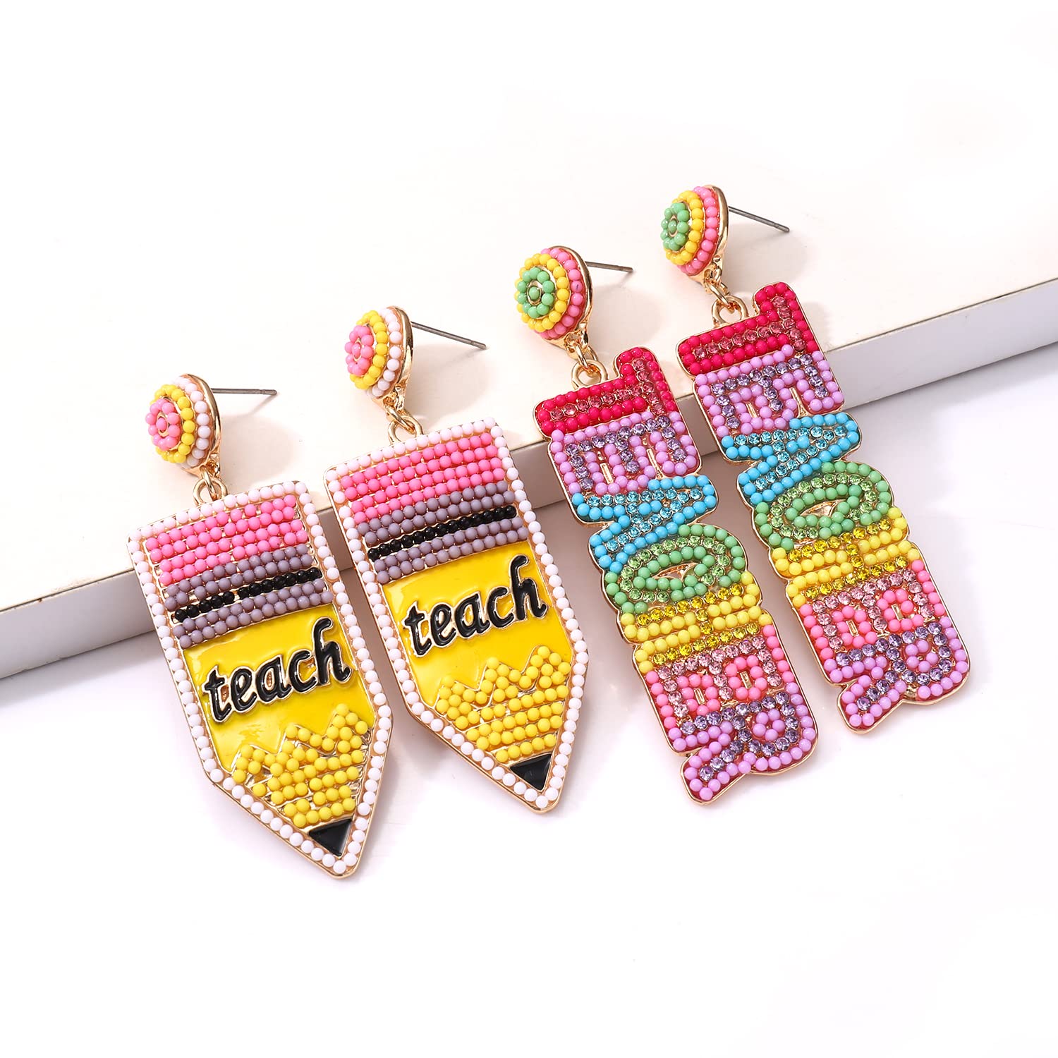 3 Pairs Pencil Earrings Teacher Earrings for Women Rhinestone Beaded Dangle Drop Earrings Colorful Teacher Appreciation Gift Back To School Jewelry Set (2 Pairs Letter)