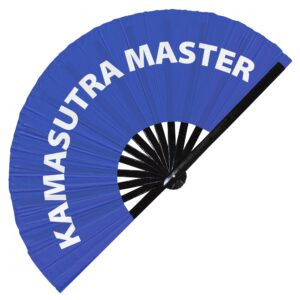 kamasutra master hand fan foldable bamboo circuit hand fan funny gag curse words expressions statement gifts festival accessories rave handheld circuit event fan clack fans (blue)