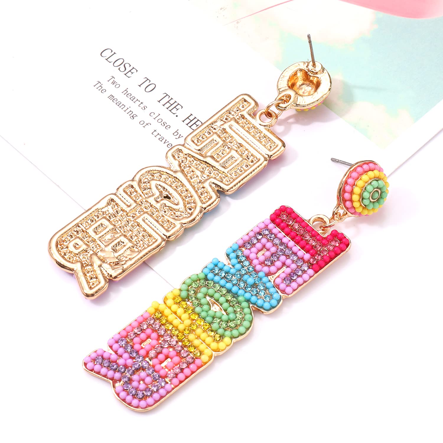 3 Pairs Pencil Earrings Teacher Earrings for Women Rhinestone Beaded Dangle Drop Earrings Colorful Teacher Appreciation Gift Back To School Jewelry Set (2 Pairs Letter)