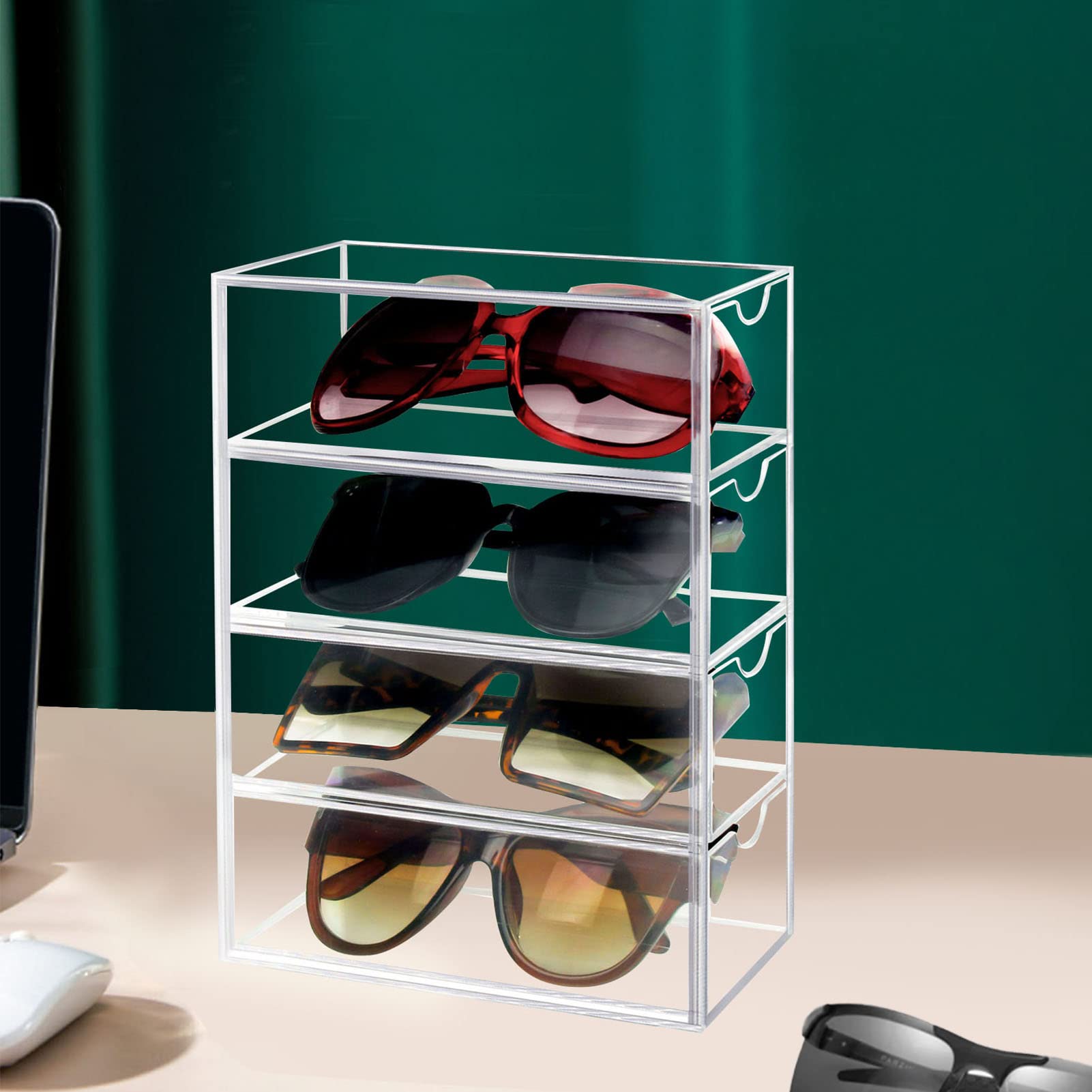 Tasybox Sunglasses Organizer, Acrylic Eyeglass Case Clear Eyeglass Holder Eyewear Display Case with 4 Drawers for Women and Men