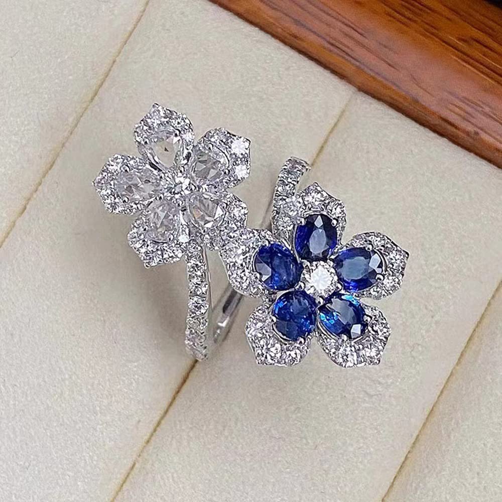 Double Flowers Diamond Promise Ring for Women Dainty Cubic Zirconia Crystal Climber Wrap Finger Band Engagement Open Statement Rings Wedding Bands Elegant Jewelry