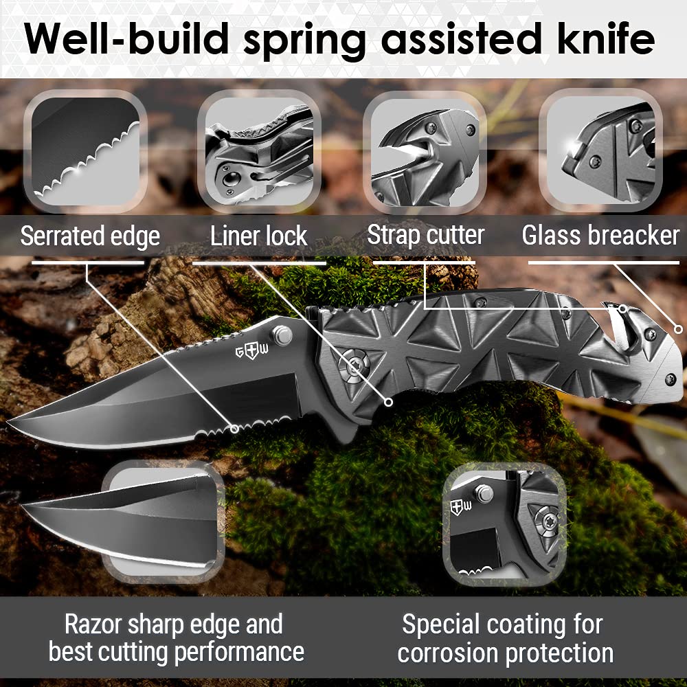 GOOD WORKER Bundle of 2 Items - Black Pocket Knife - Serrated Sharp 3,5" Blade Folding Knives - Best EDC Camping Hiking Hunting Knofe Gear Accessories for Men Wood Handle Sharp Blade Knifes - Gifts