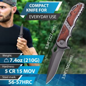 GOOD WORKER Bundle of 2 Items - Black Pocket Knife - Serrated Sharp 3,5" Blade Folding Knives - Best EDC Camping Hiking Hunting Knofe Gear Accessories for Men Wood Handle Sharp Blade Knifes - Gifts