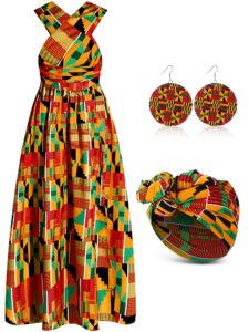 haysandy 3 pcs women african ankara print traditional costume set long maxi dress headwraps scarf drop dangle earrings(x-large)