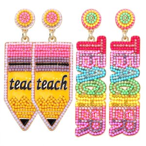 3 pairs pencil earrings teacher earrings for women rhinestone beaded dangle drop earrings colorful teacher appreciation gift back to school jewelry set (2 pairs letter)