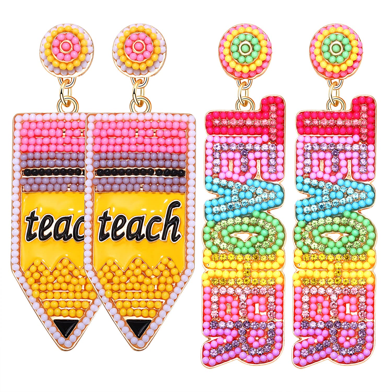 3 Pairs Pencil Earrings Teacher Earrings for Women Rhinestone Beaded Dangle Drop Earrings Colorful Teacher Appreciation Gift Back To School Jewelry Set (2 Pairs Letter)