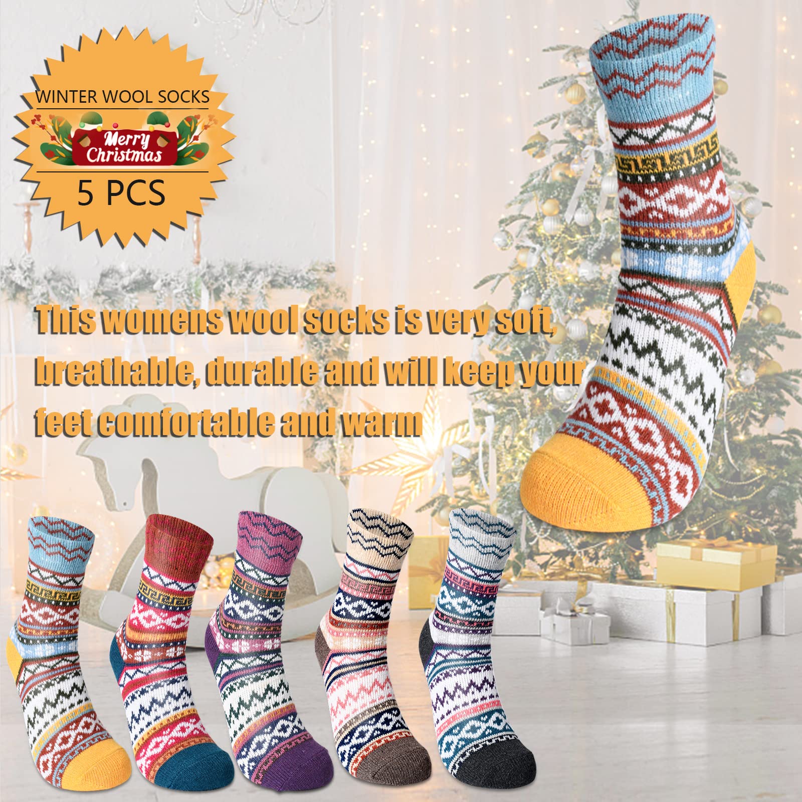 besky 5 Pairs Winter Wool Socks Women, Knit Thick Wool Soft Warm and Breathable Cozy Socks for Womens