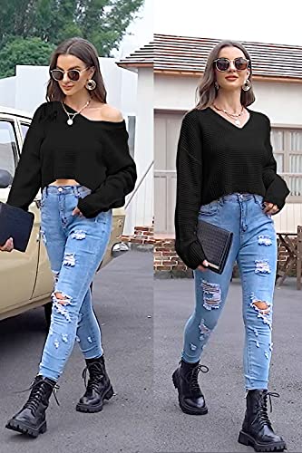 Jumppmile Womens V Neck Long Sleeve Tops Crop Waffle Knit Cropped Casual Loose Pullover Crop Sweater Black XL