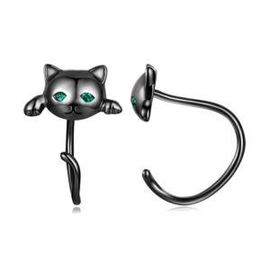 cat earrings black gold plated 925 sterling silver black cat open half hoop earrings with 5a cz hypoallergenic cute animal cat stud cartilage earrings jewelry gifts for women