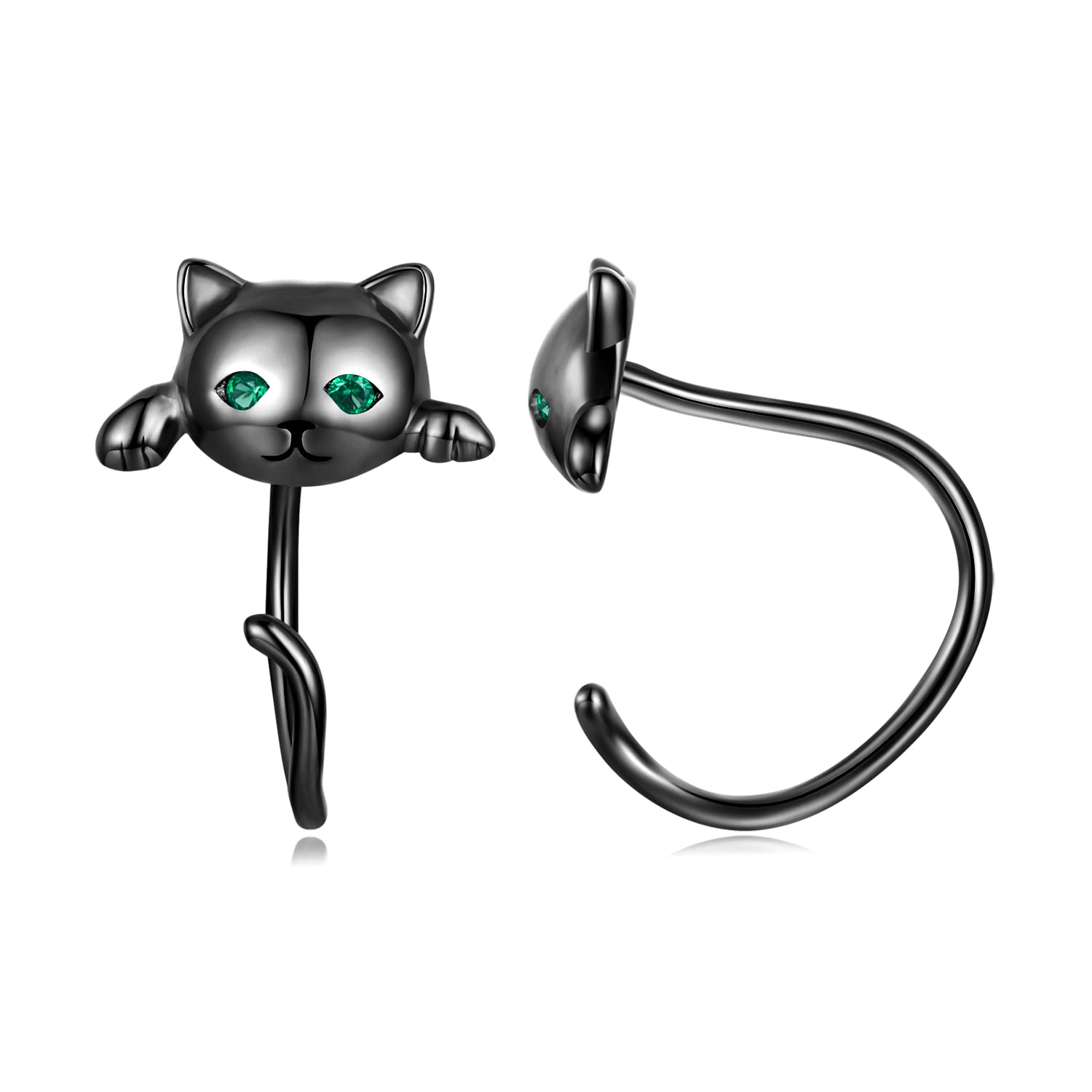 Cat Earrings Black Gold plated 925 Sterling Silver Black Cat Open Half Hoop Earrings with 5A CZ Hypoallergenic Cute Animal Cat stud Cartilage Earrings Jewelry Gifts for Women