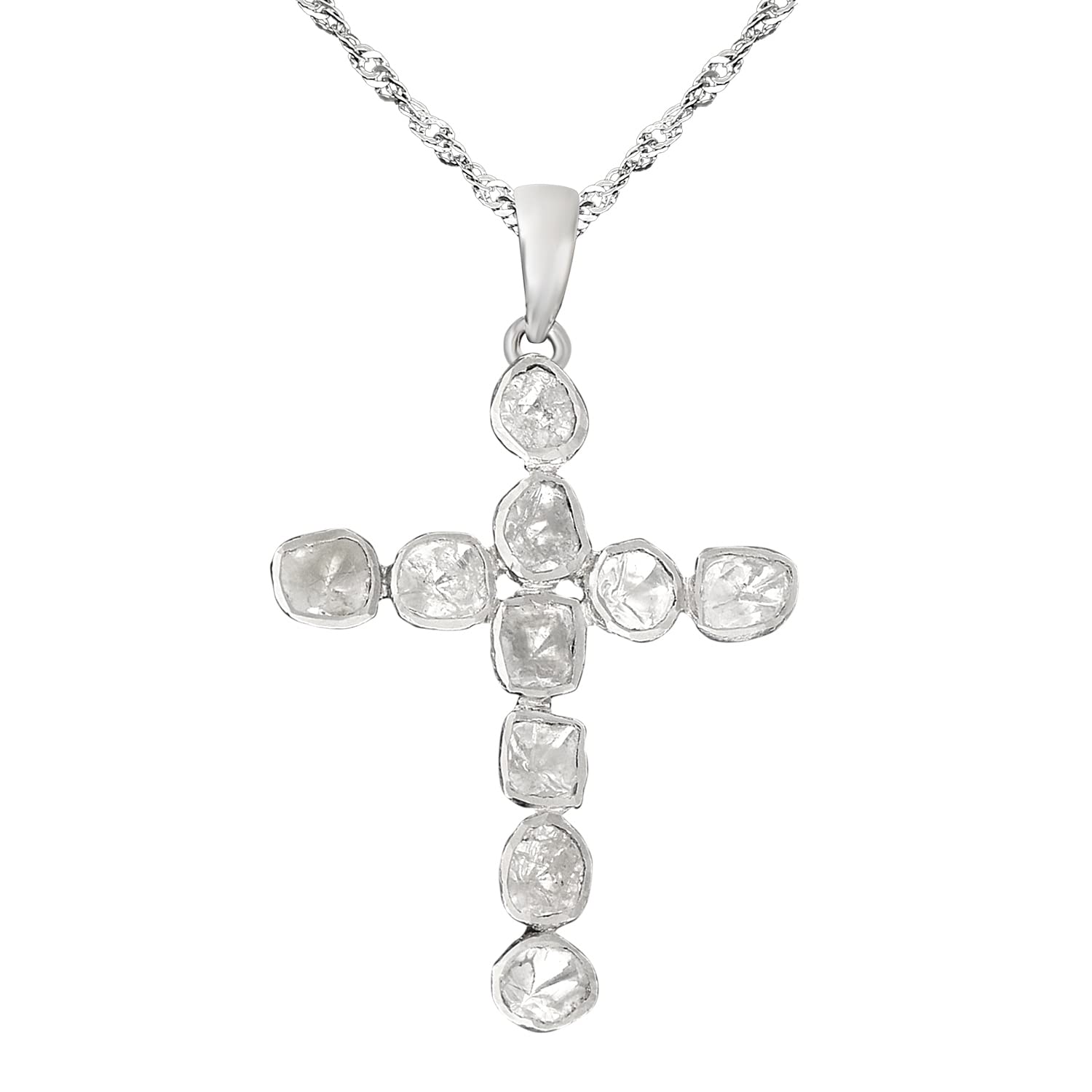 MOONEYE Natural Diamond Polki Religious Christian Cross Pendant Necklace 925 Sterling Silver Platinum Plated Slice Diamond Jewelry