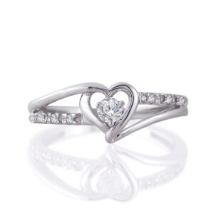 14k white gold over round cut white diamond set hearts shape wedding engagement ring in 925 sterling silver for women's