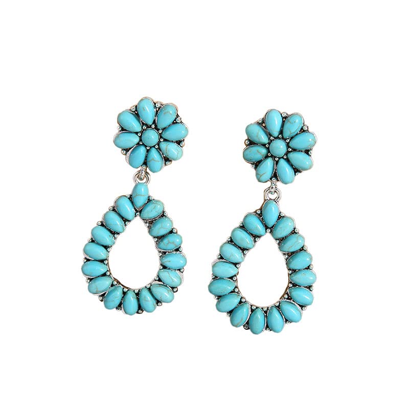 Bohemian Turquoise Geometric Oval Flower Drop Dangle Earrings Ethnic Teardrop for Women Statement Cowgirl Boho Jewelry-E