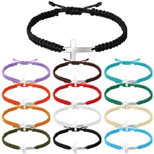 Jadive 12 Pcs Small Cross Bracelet Bulk for Women Adjustable Nylon Rope Christian Handmade Braided Bracelet for Women(Colorful)