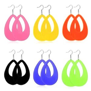 dreuyet 6 pairs 80s classic big earrings acrylic 90s retro neon earrings acrylic geometry oval waterdrop earrings for women statement earrings colorful retro costume jewelry (neon earrings)