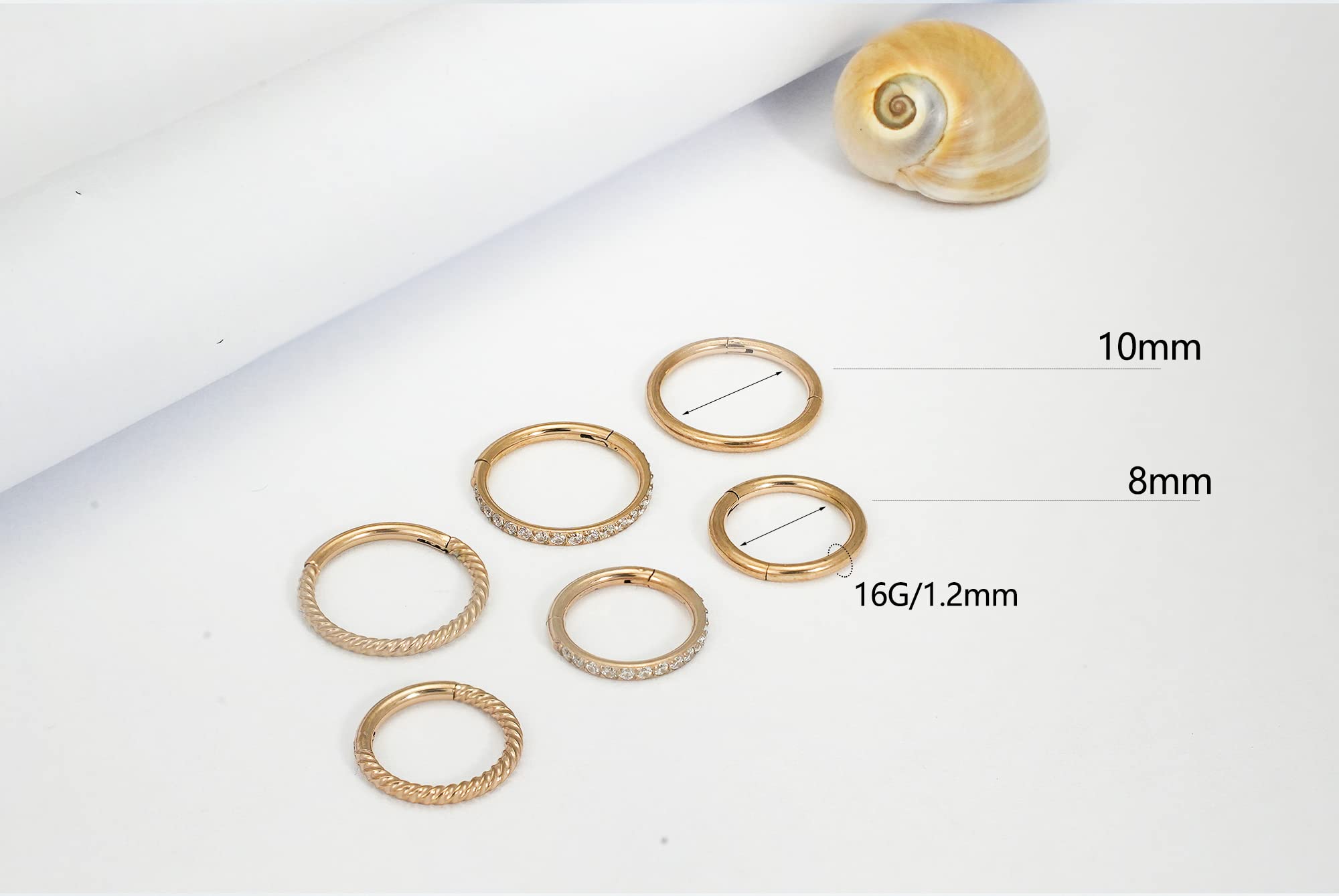 16G 8mm 10mm Hinged Clicker Segment CZ Twisted Clicker Nose Rings Hoop Helix Cartilage Daith Tragus Sleeper Earrings Body Piercing for Women Men (16G - 8mm - 3Pcs Gold)