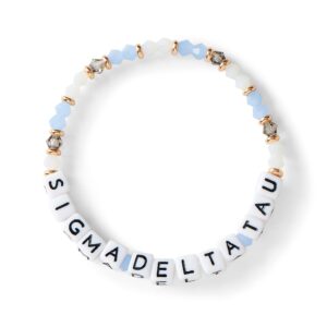 sorority shop sigma delta tau bracelet — glass bead bracelet with sdt name beads and 18k gold accent beads, greek sorority jewelry for big little sorority gifts