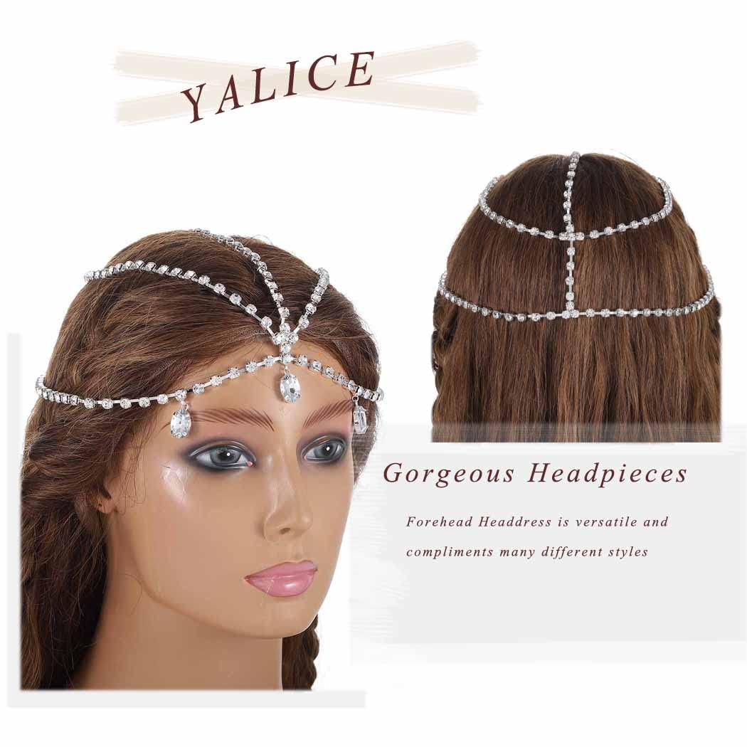 Yalice Layered Head Chain Rhinestone Head Jewelry Sparkly Bridal Headpieces Sparkle Crystal Headbands Wedding Prom Hair Jewelry for Women and Girls (Silver)