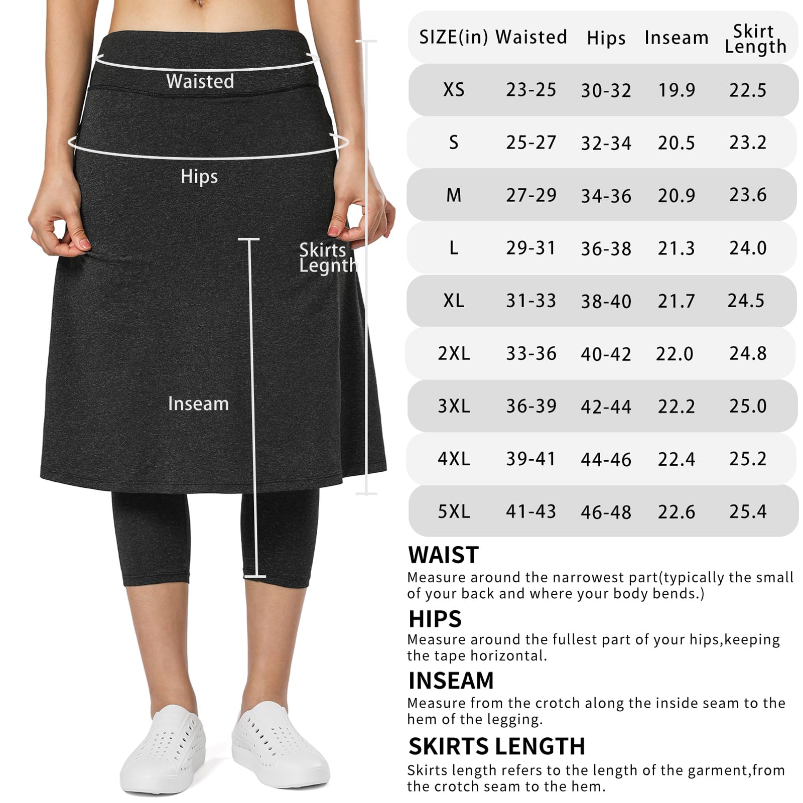 Women Knee Length Skirts with Leggings,Skirted Leggings Skorts Capris for Women Long Skorts Skirts Zipper Pockets(Black Charcoal M)