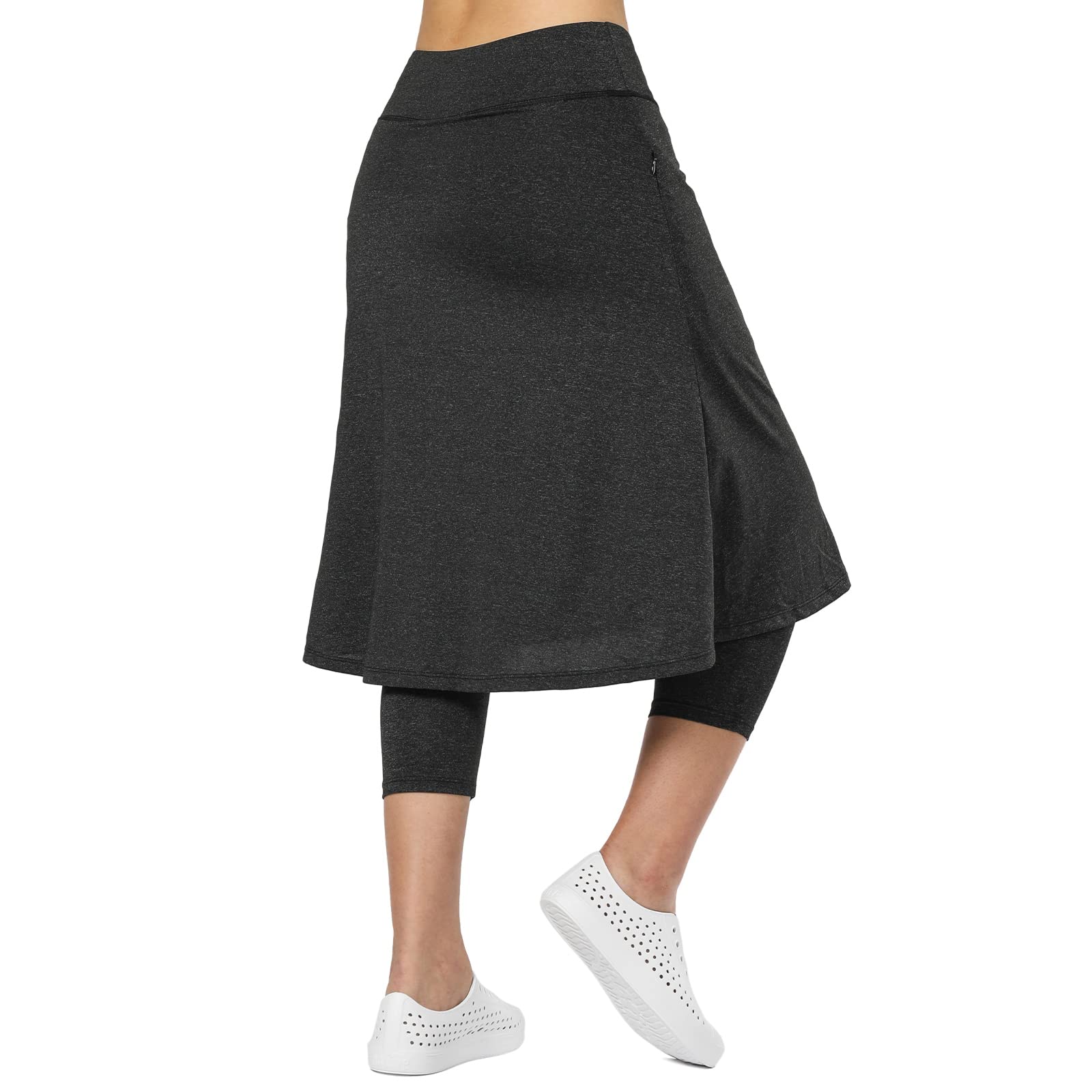 Women Knee Length Skirts with Leggings,Skirted Leggings Skorts Capris for Women Long Skorts Skirts Zipper Pockets(Black Charcoal M)