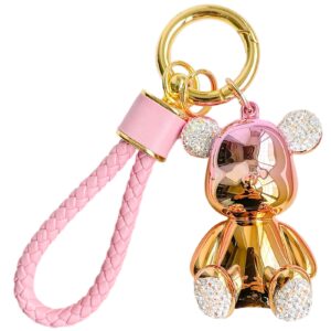 cute keychain diamond bear accessories kawaii car key chain bag charm pendant wristlet key ring for women girl (pink gold)