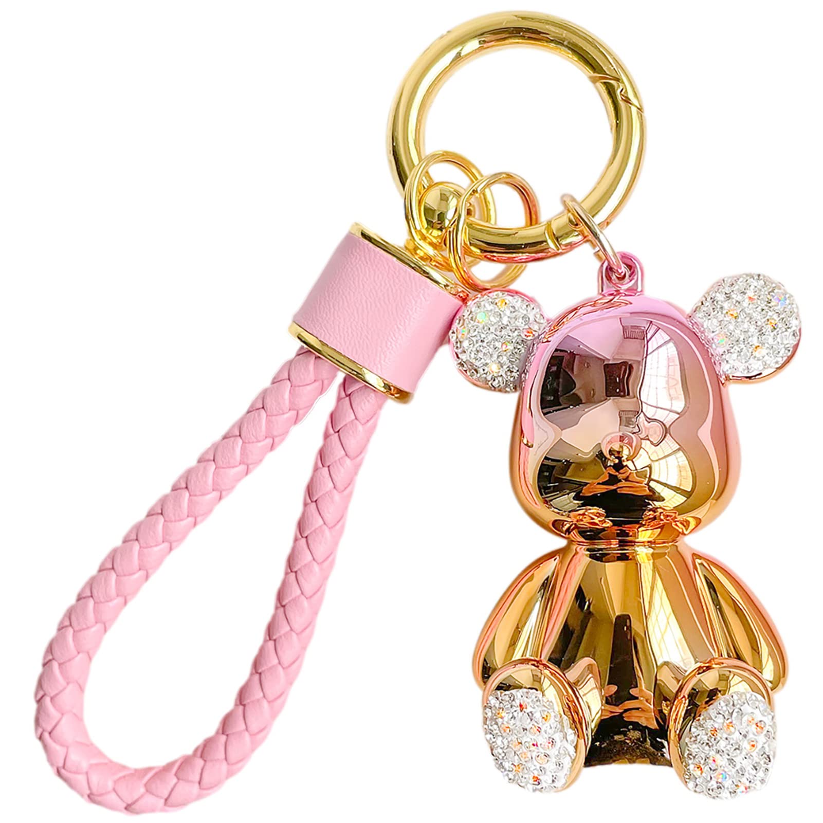 Cute Keychain Diamond Bear Accessories Kawaii Car Key Chain Bag Charm Pendant Wristlet Key Ring for Women Girl (Pink Gold)