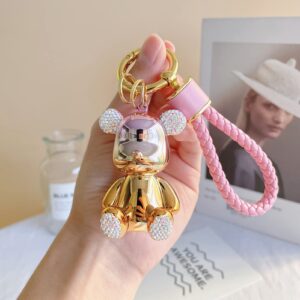 Cute Keychain Diamond Bear Accessories Kawaii Car Key Chain Bag Charm Pendant Wristlet Key Ring for Women Girl (Pink Gold)