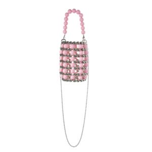 abvokury yushiny silver acrylic beaded small colored bucket evening handbag with detachable strap chain (pink)