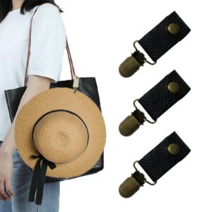 3 pcs hat clip for travel, portable leather clips for holding cap on bag, travel hat clip for purse backpack luggage (3pcs black)