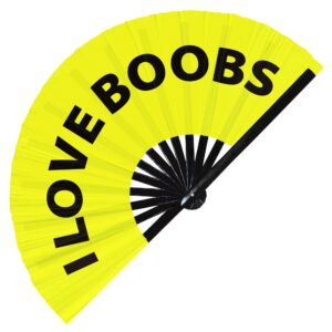 i love boobs hand fan foldable bamboo circuit hand fan funny gag curse words expressions statement gifts festival accessories rave handheld circuit event fan clack fans (yellow)