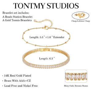 TONTMY STUDIOS Bracelet for Women Gold Layered Set Tennis CZ 2 Layer Bracelets 14K Gold Filled Simple Dainty Satellite Chain Everyday Minimalist Bracelet Jewelry