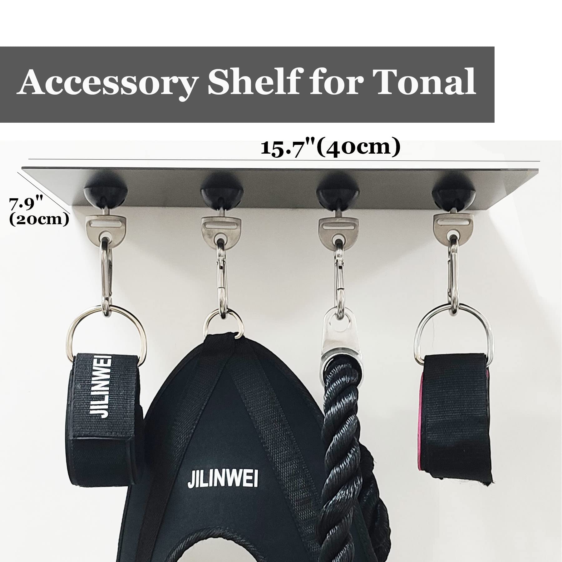 JILINWEI Metal 16” Tonal Floating Accessory Shelf with 4 Pcs Tonal Accessory Shelf Clips/Mounts/Brackets for Tonal Gym Gear,Black(Clips are Installed)